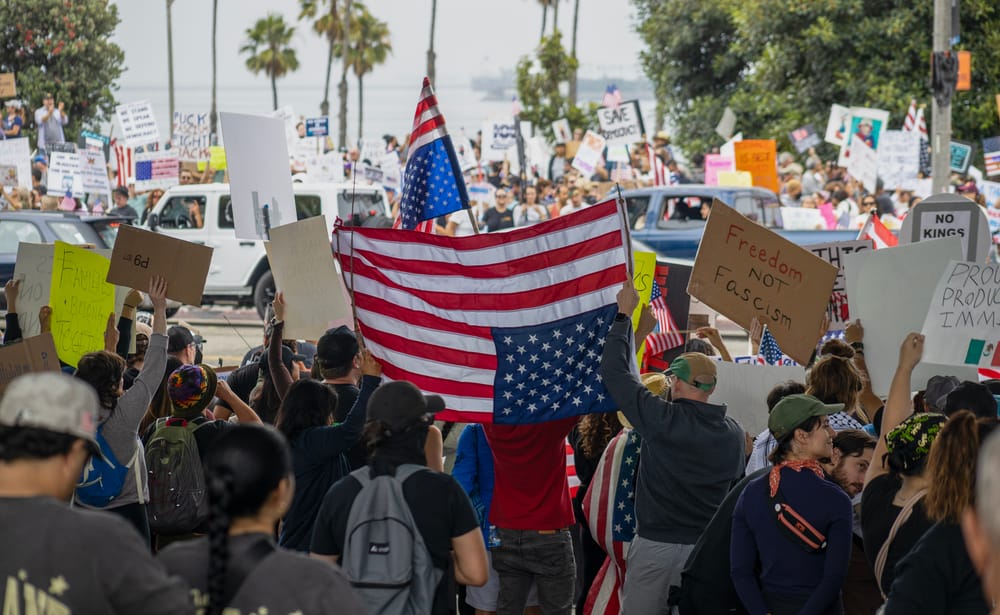 Thousands gather near Downtown Long Beach to protest Trump, ICE